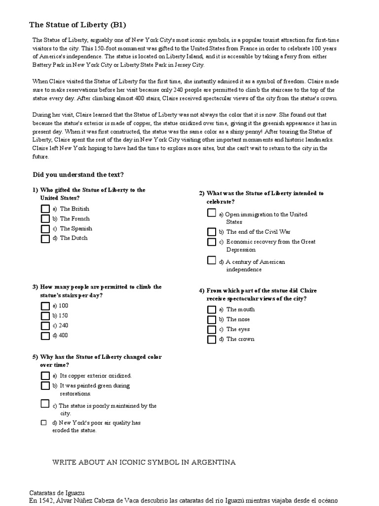 The Statue of Liberty (B1) : Did You Understand The Text? | PDF ...