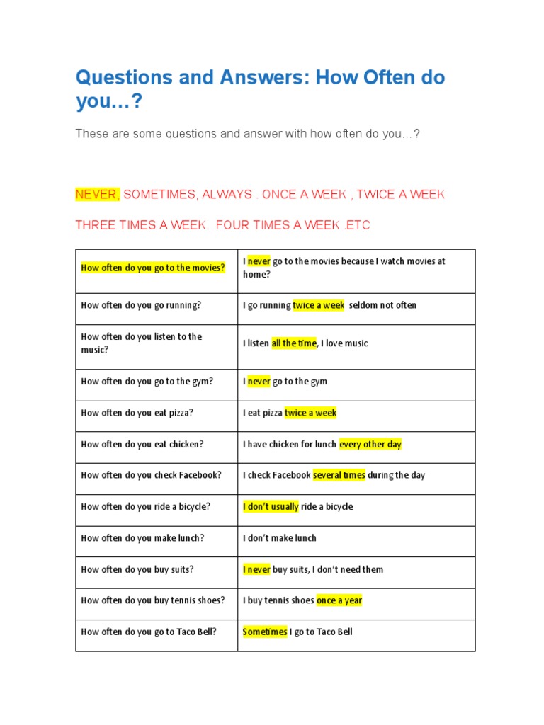 Frequency Questions and Answers Guide | PDF | Lunch | Eating Behaviors ...