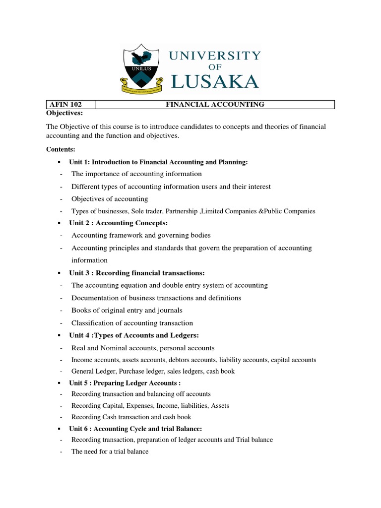 AFIN 102 Financial Accounting Objectives:: Contents | PDF | Bookkeeping ...
