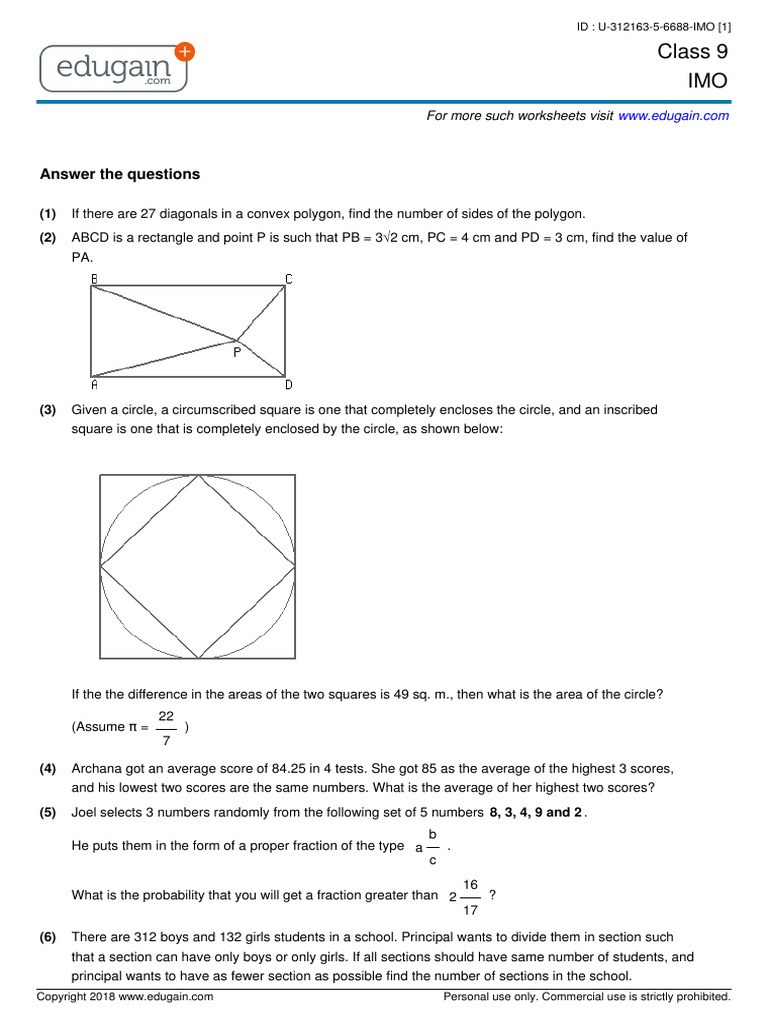 Class 9 IMO: Answer The Questions | PDF | Fraction (Mathematics) | Area