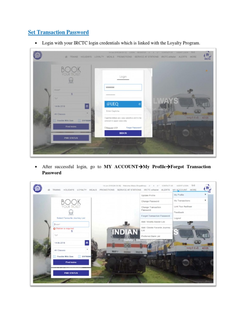 Set Transaction Password: Login With Your IRCTC Login Credentials Which ...
