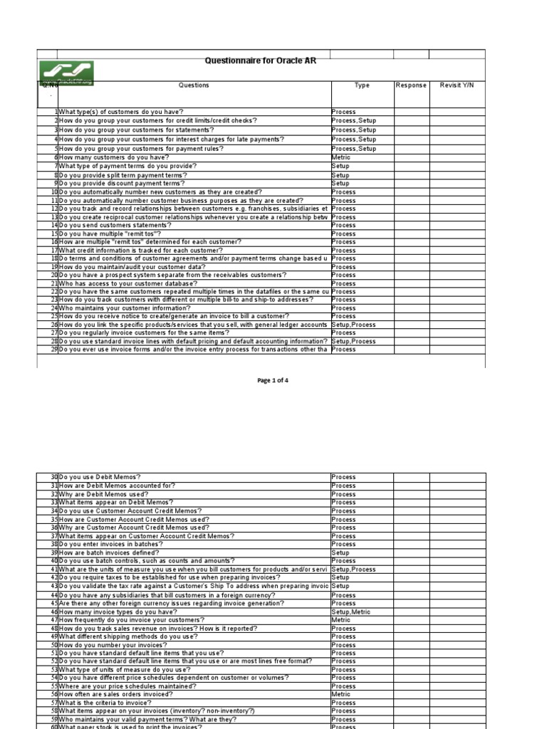 Oracle AR Questionnaire | PDF | Invoice | Debits And Credits