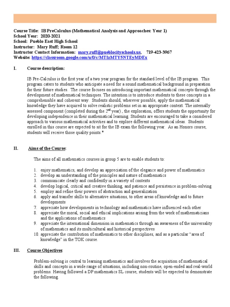 Precalculus Syllabus 2020 | PDF | Teaching Mathematics | Knowledge