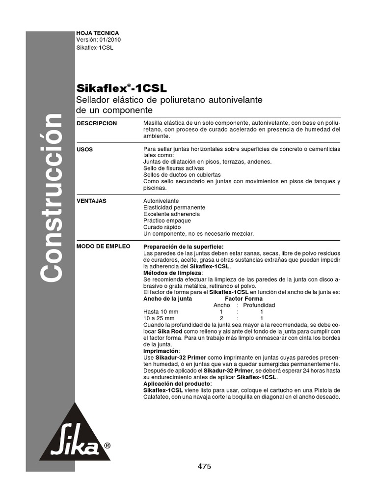 Sikaflex 1CSL - Sellador Elástico de Poliuretano Autonivelante | PDF ...