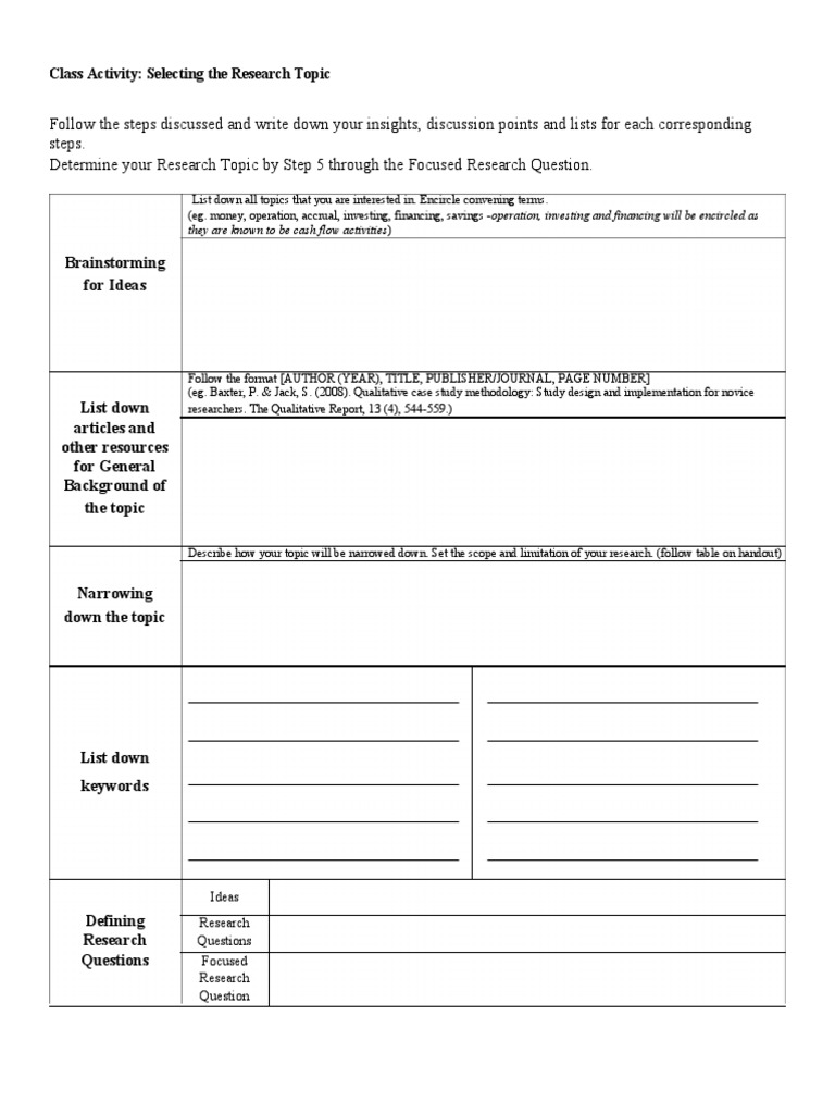 Worksheet For Choosing A Topic | PDF | Taxes | Qualitative Research