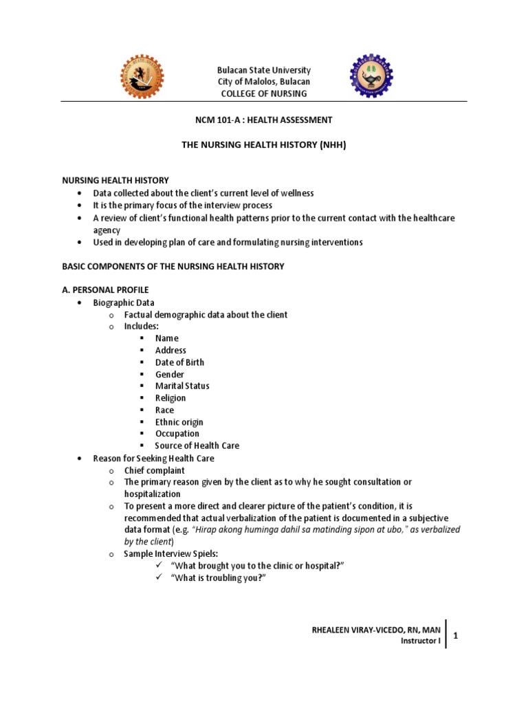The Nursing Health History (NHH) : NCM 101-A: Health Assessment | PDF ...