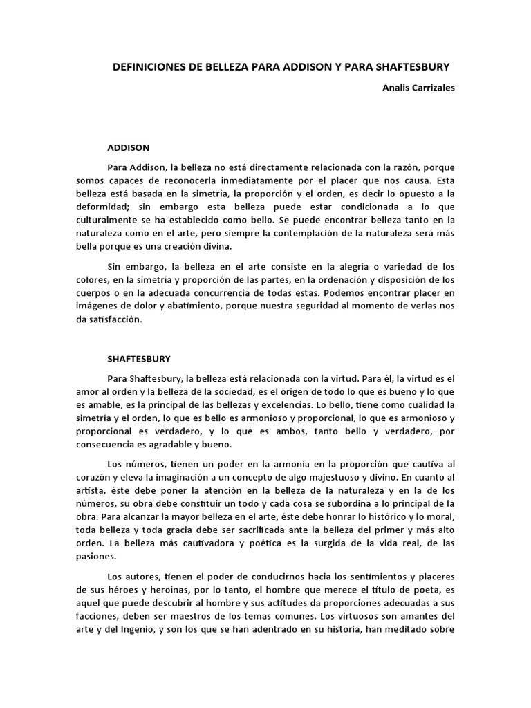 Definiciones de Belleza para Addison y para Shaftesbury | PDF | Belleza ...