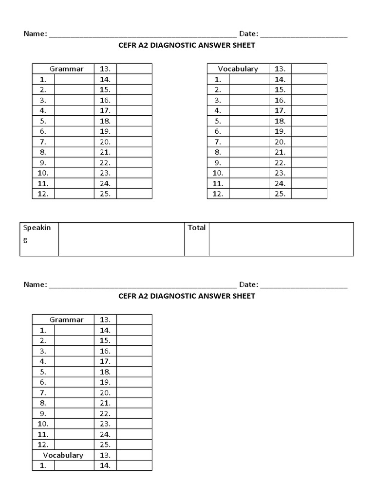 CEFR A2 Diagnostic Answer Sheet | PDF