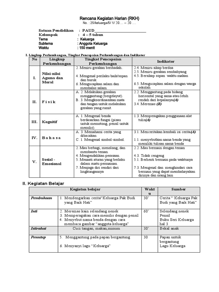 Rencana Kerja Harian PAUD 4-5 Tahun Tema 2. Keluarga Minggu Ke 5 | PDF ...