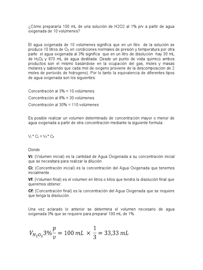 Cómo Prepararía 100 ML de Una Solución de H2O2 Al 1 | PDF ...