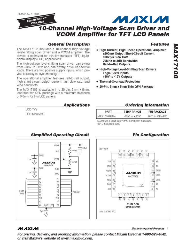 10-Channel High-Voltage Scan Driver and VCOM Amplifier For TFT LCD Panels | PDF | Operational ...