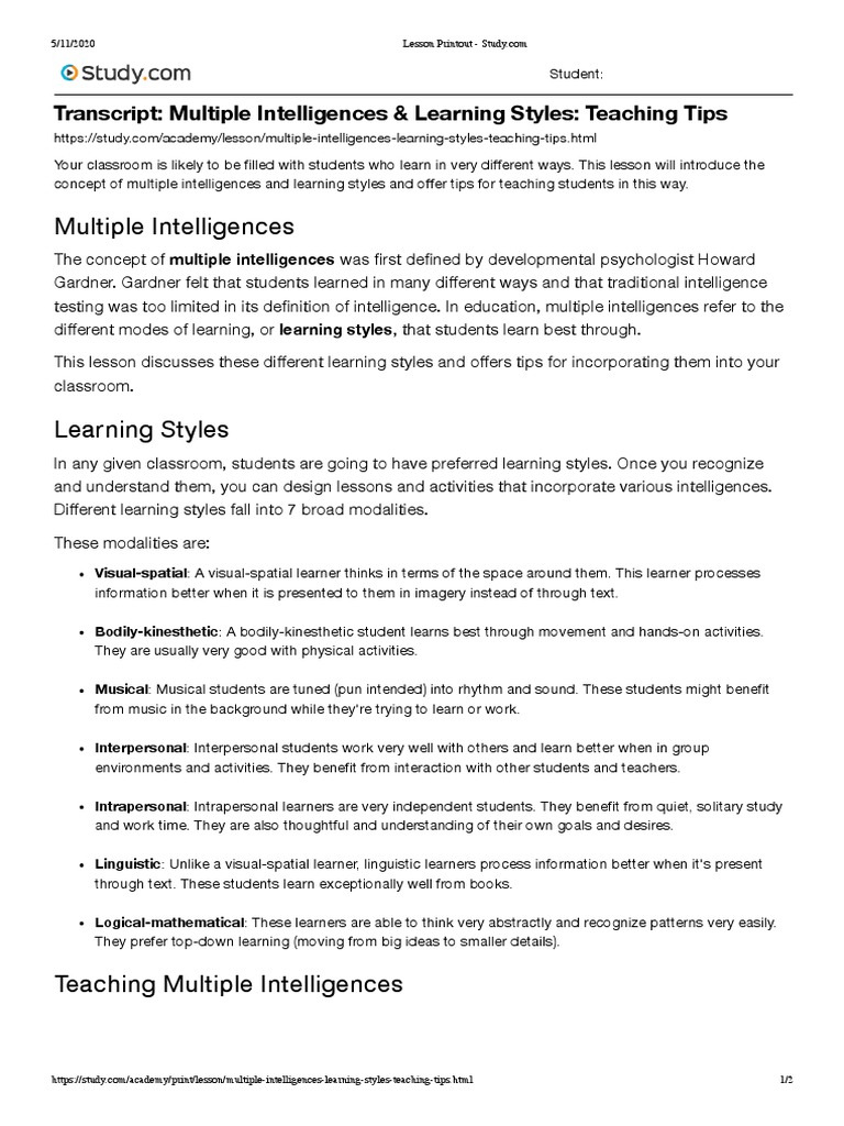 Multiple Intelligence and Learning Styles | PDF | Learning Styles ...