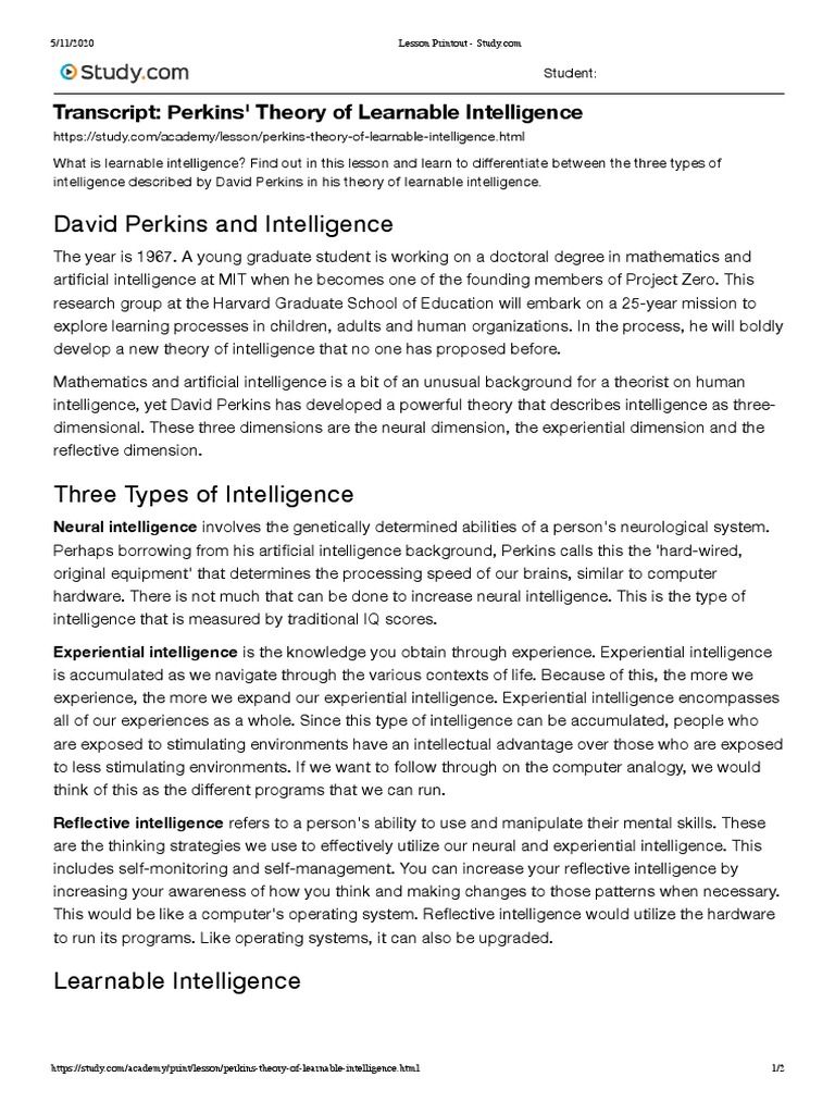 Perkins Theory of Learnable Intelligence | PDF | Intelligence | Artificial Intelligence