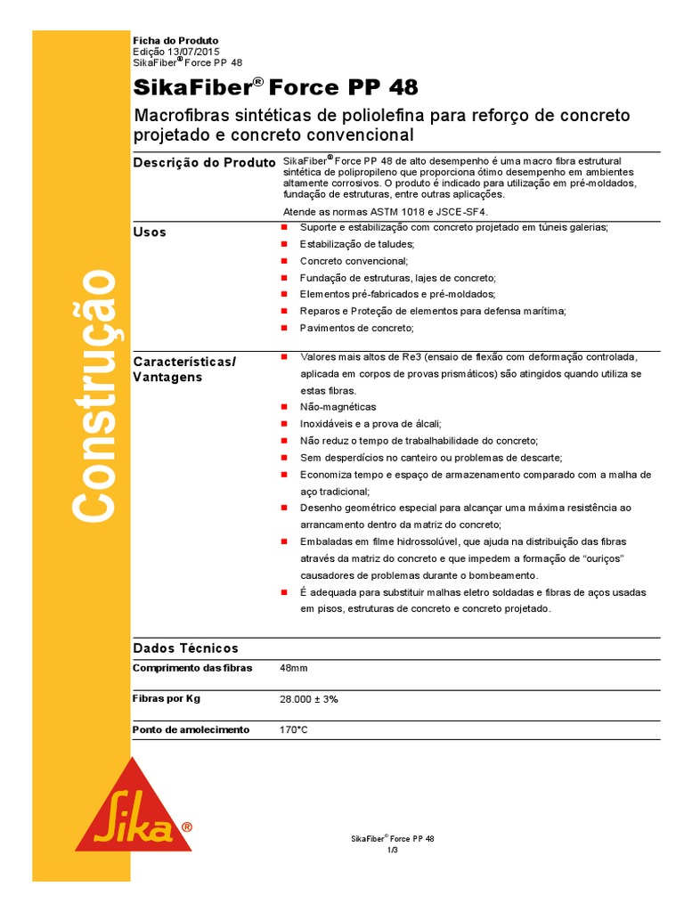 FT - SikaFiber Force PP 48 | PDF | Embalagem e rotulagem | Concreto