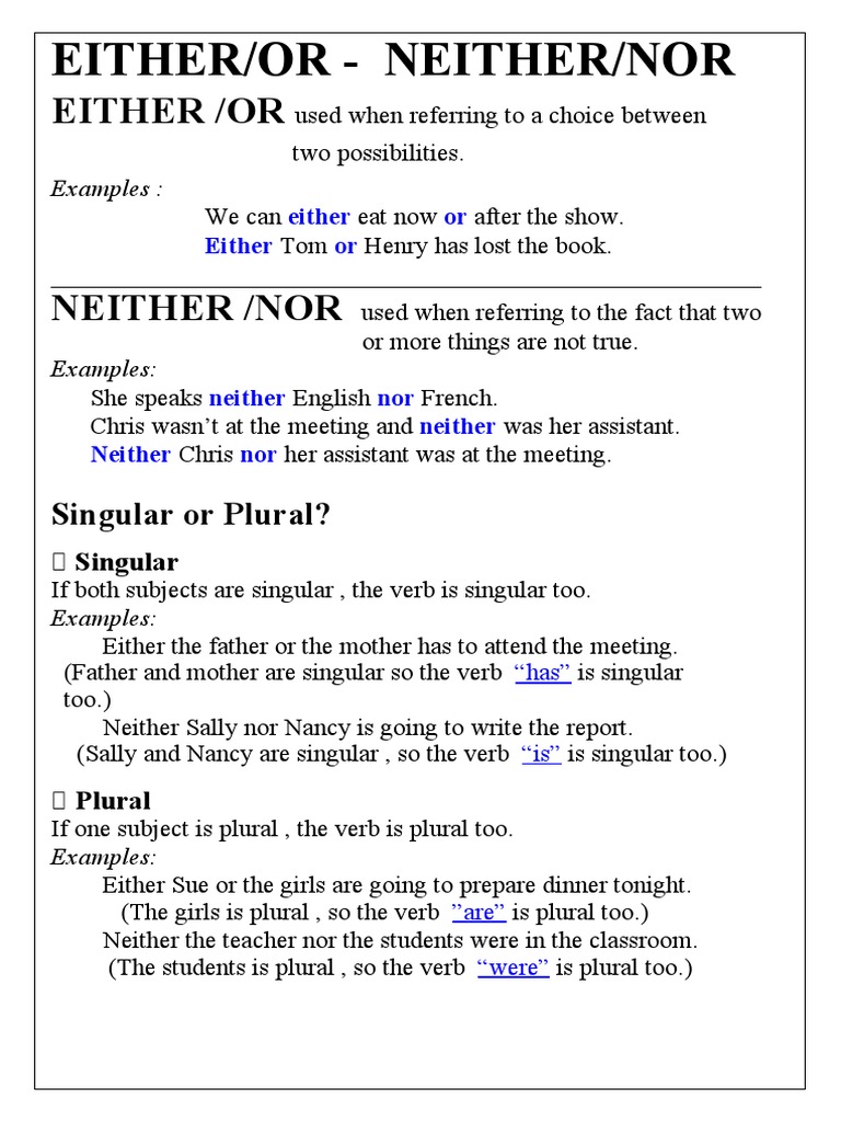 A Guide to Using Either/Or and Neither/Nor in English: Singular vs ...