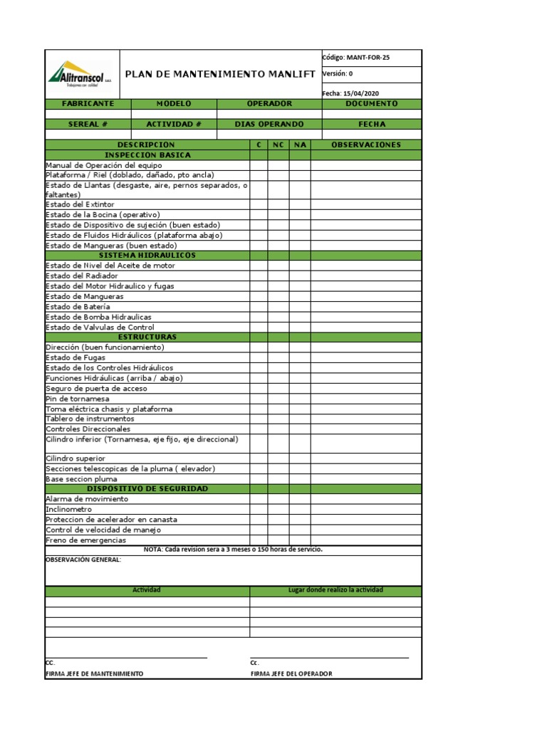 MANT-FOR-25 - V-0 Plan de Mantenimiento Manlift | PDF | Ascensor | Transporte