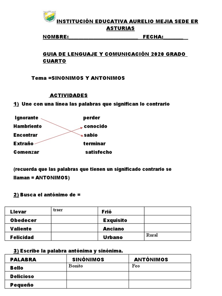 Guia Sinónimos y Antónimos Grado Cuarto | PDF