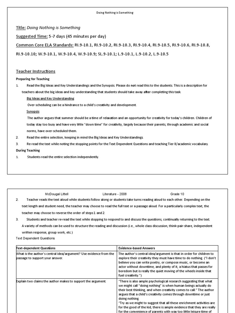 Doing Nothing Is Something. Lesson - Story | PDF | Essays | Creativity