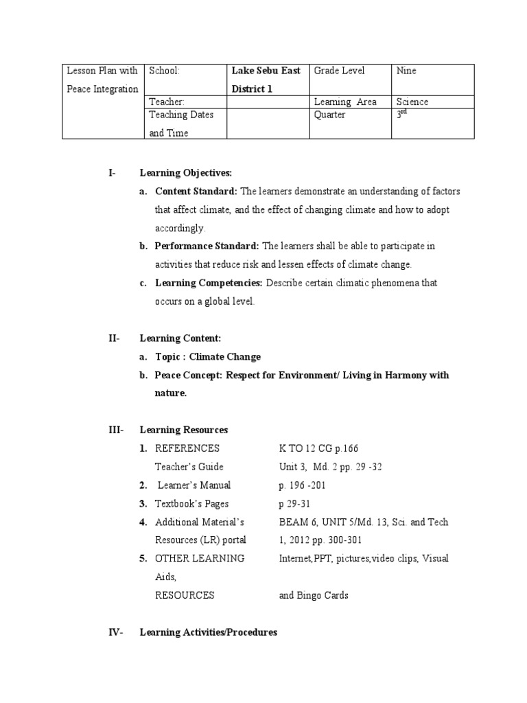 Lesson Plan With Peace Integration | PDF | Lesson Plan | Learning