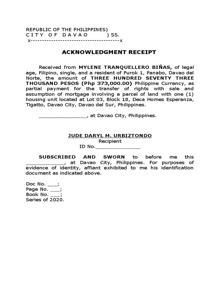 Acknowledgment Receipt: THOUSAND PESOS (PHP 373,000.00) Philippine ...