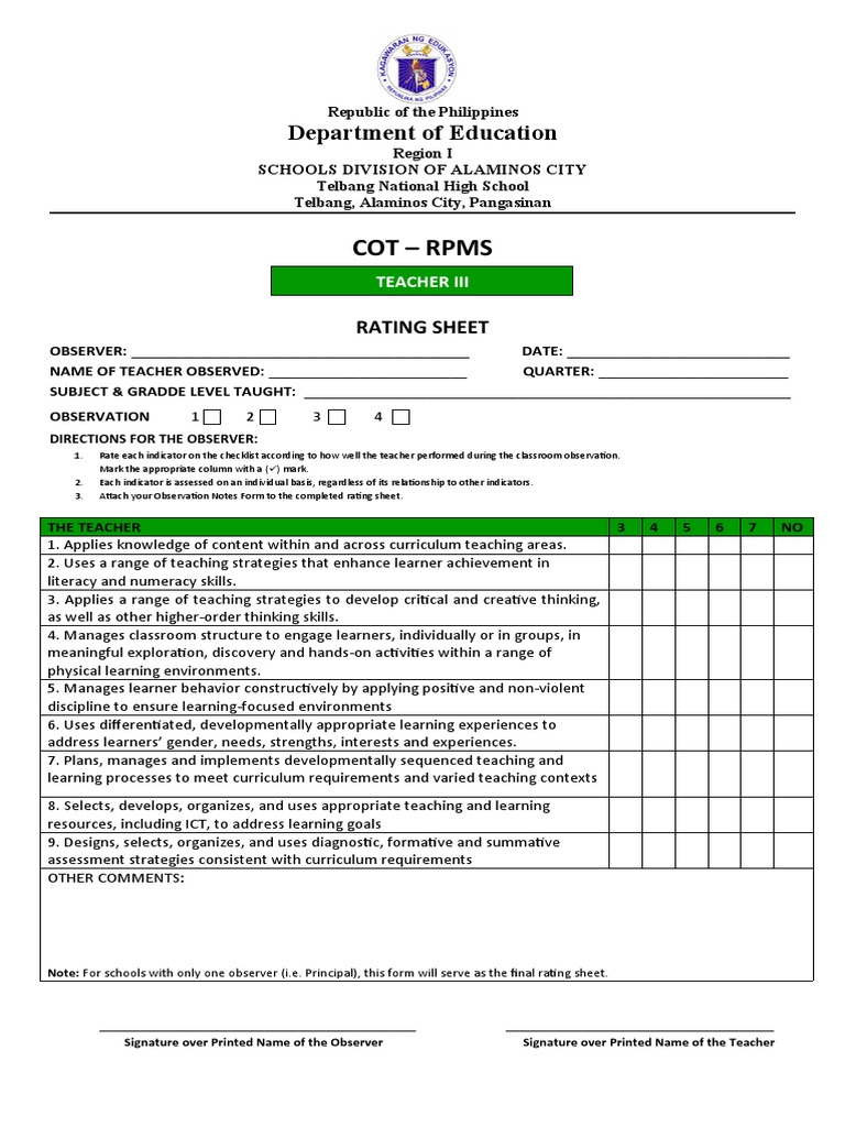 COT RPMS RATING SHEET OBSERVATION NOTES FORM AND INTER OBSERVER ...