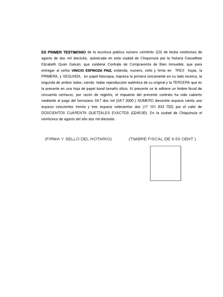 Ejemplo Primer Testimonio Pago Con Formulario | PDF Ejemplo Primer Testimonio Pago Con Formulario | PDF