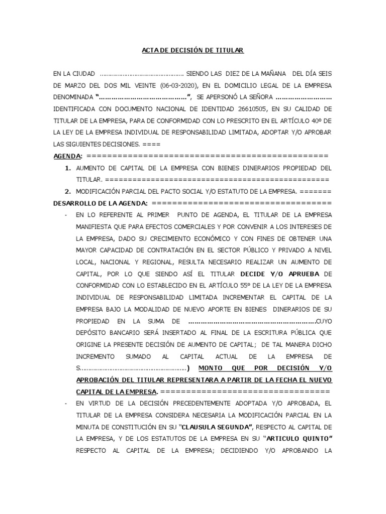 Modelo de Acta Aumento de Capital Eirl | PDF | Economias | Gobierno