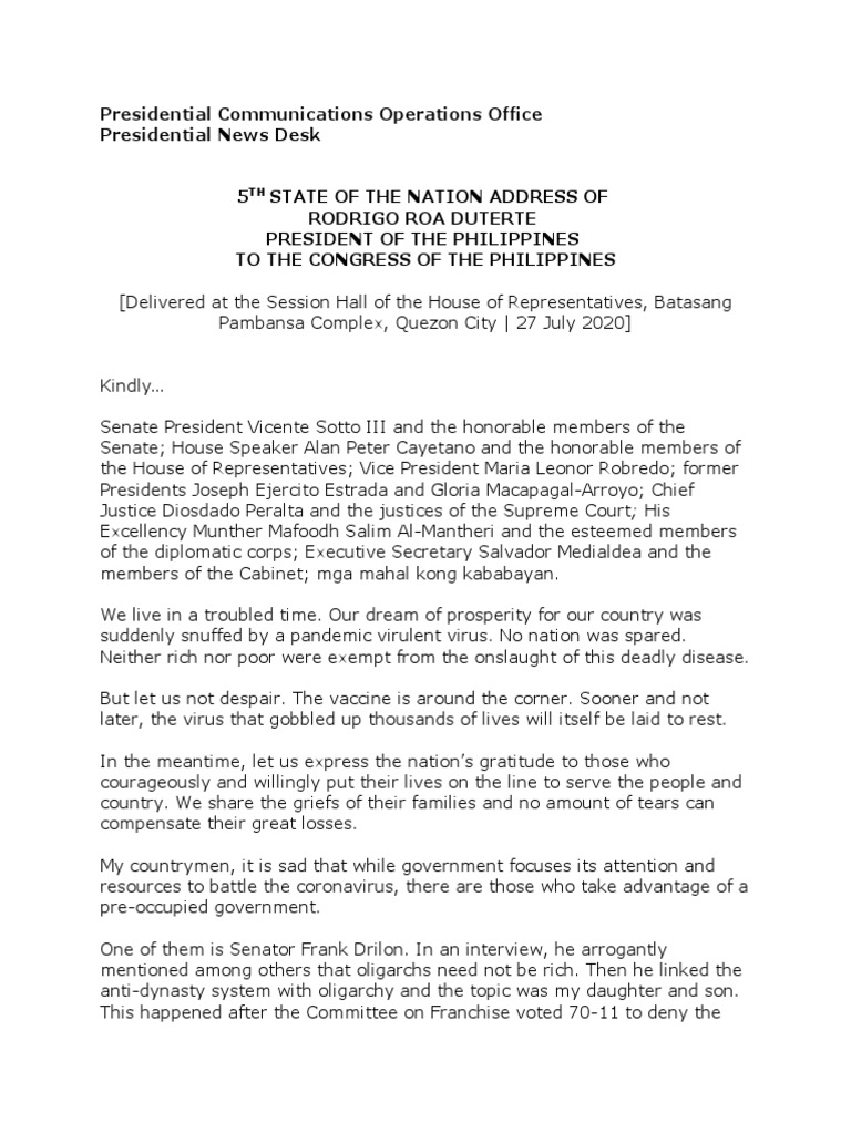 2020 State of The Nation Address of Rodrigo Roa Duterte | PDF ...