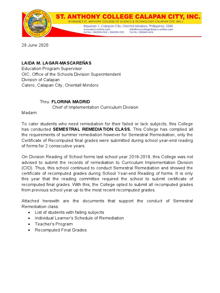 Letter For Remedial Class | PDF