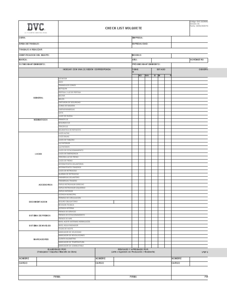 Check List de Volquete DVC-SSOMAC | PDF | Neumático | Fabricantes de ...