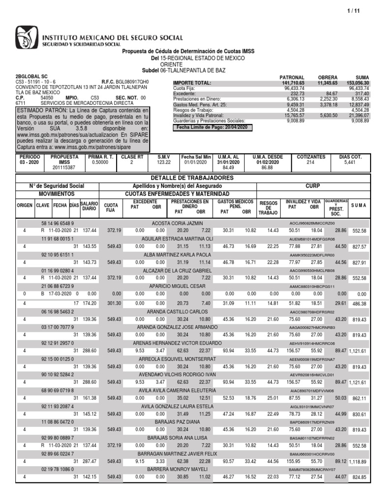 Propuesta de Cédula de Determinación de Cuotas IMSS para la empresa ...