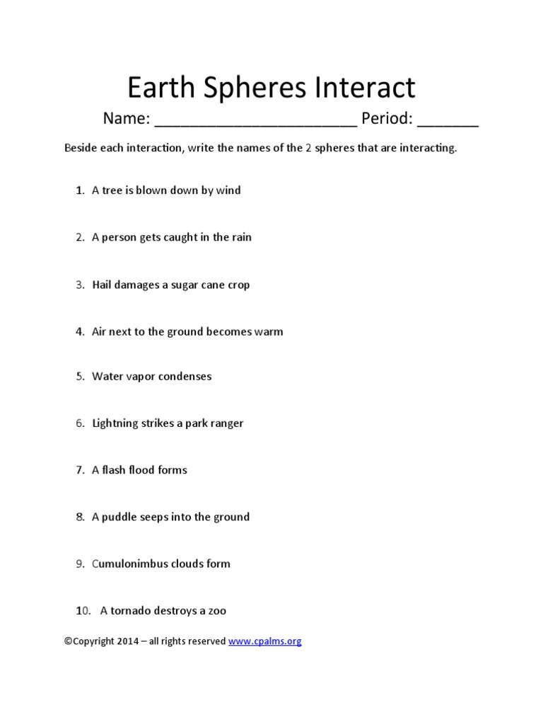 Student Worksheet-Answers Earth Spheres Interact | PDF