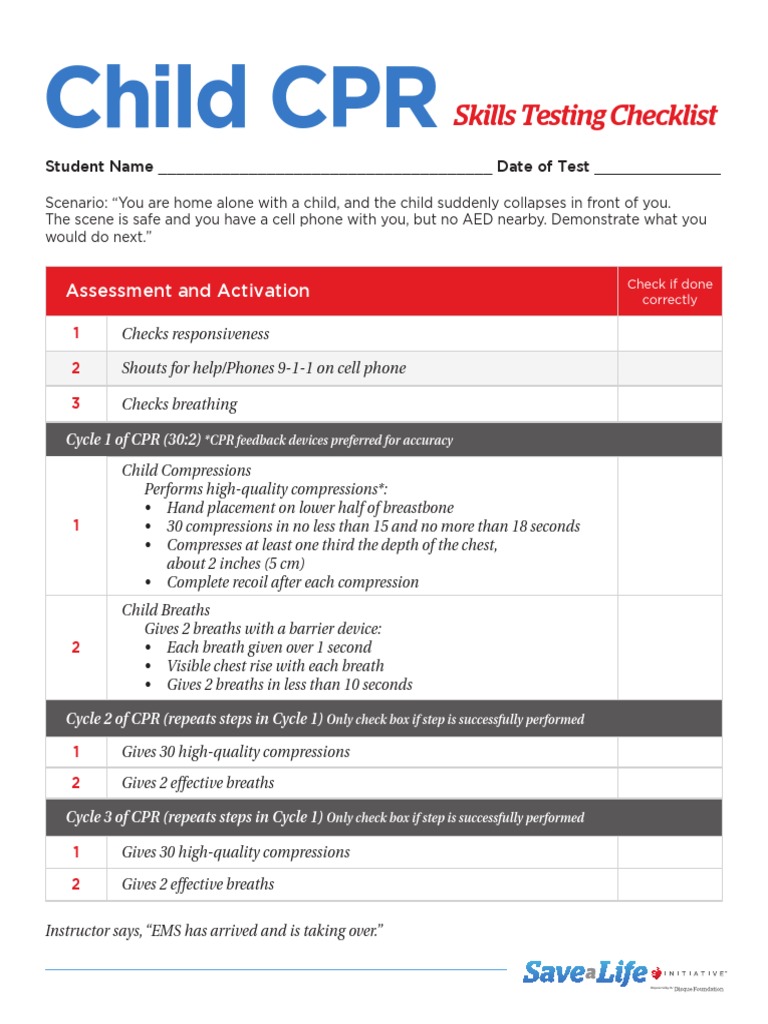 Child CPR: Skills Testing Checklist | PDF | Cardiopulmonary ...