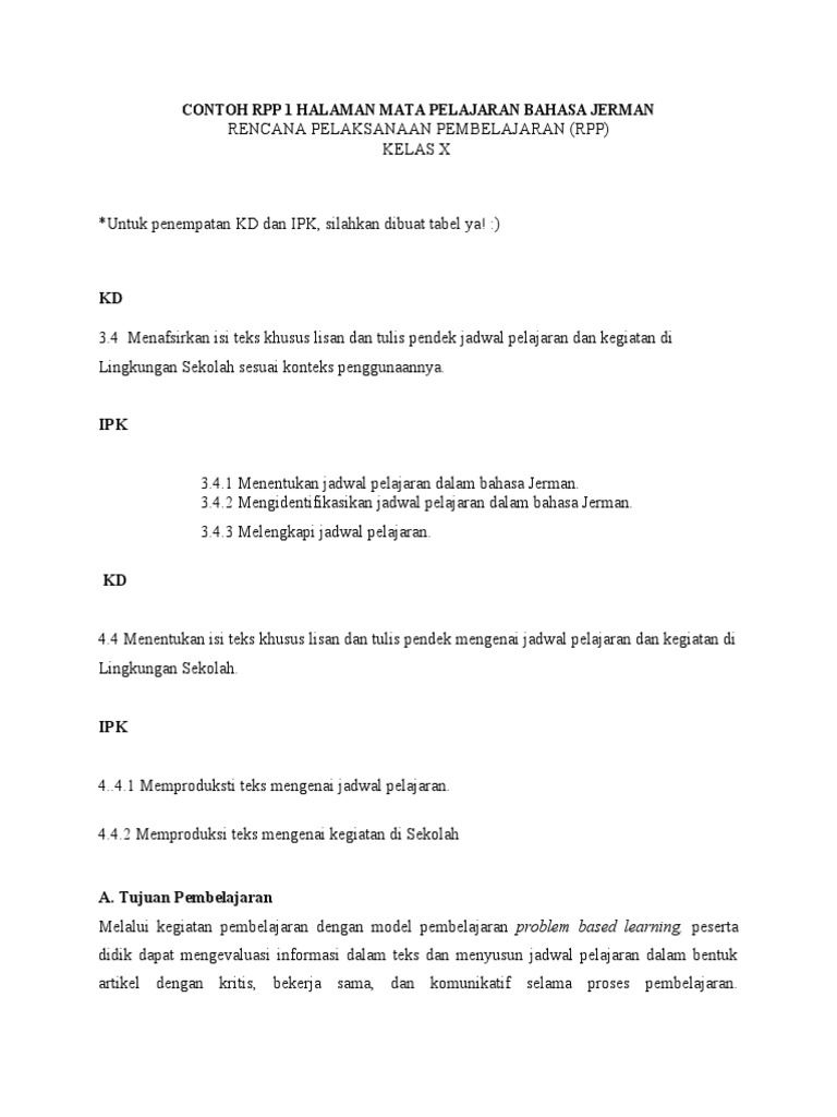 Contoh RPP 1 Halaman Mata Pelajaran Bahasa Jerman | PDF