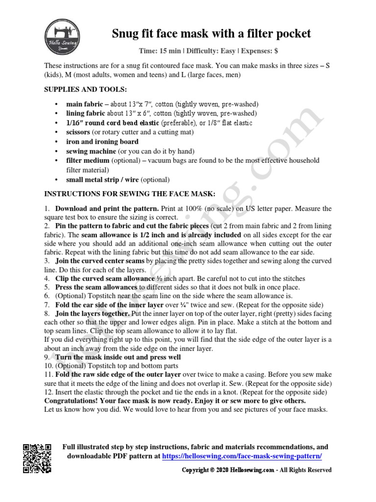 Face Mask Instructions | PDF | Seam (Sewing) | Sewing