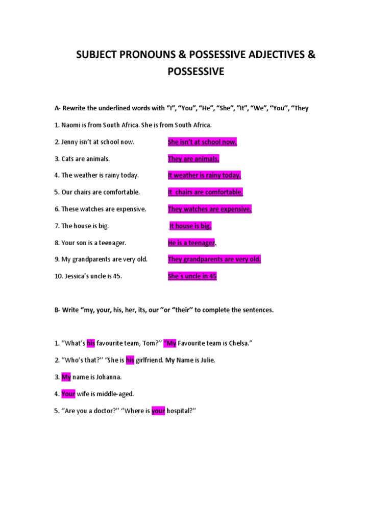 Subject Pronouns & Possessive Exercises | PDF | Morphology | Language ...