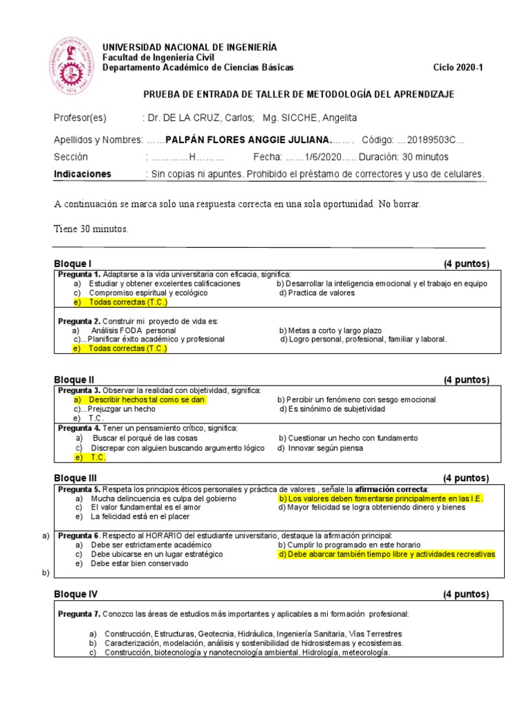 TEST-DE ENTRADA CB 107 ABET 2020-1-Para Alumnos | PDF | Cognición ...