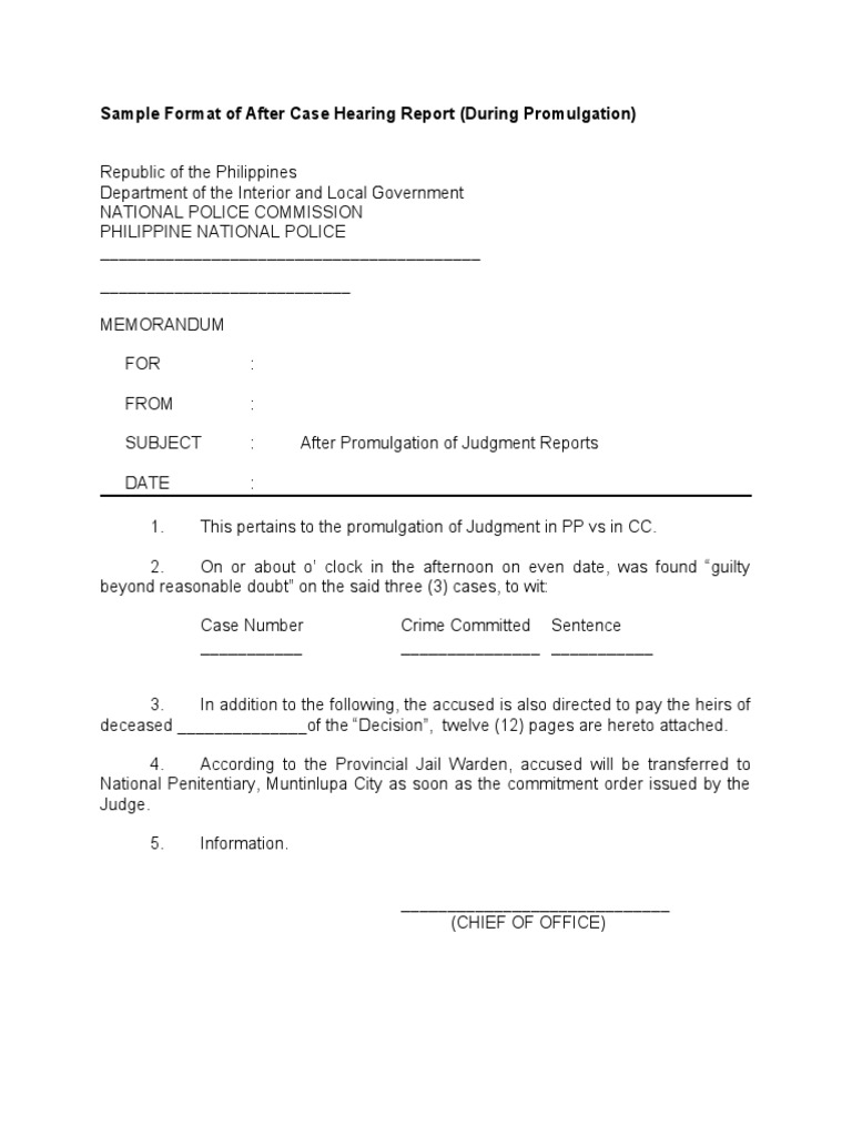 Sample Format of After Case Hearing Report (During Promulgation) | PDF
