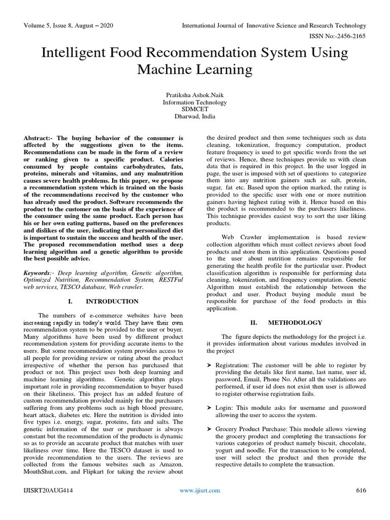 Intelligent Food Recommendation System Using Machine Learning | PDF ... Intelligent Food Recommendation System Using Machine Learning | PDF ...