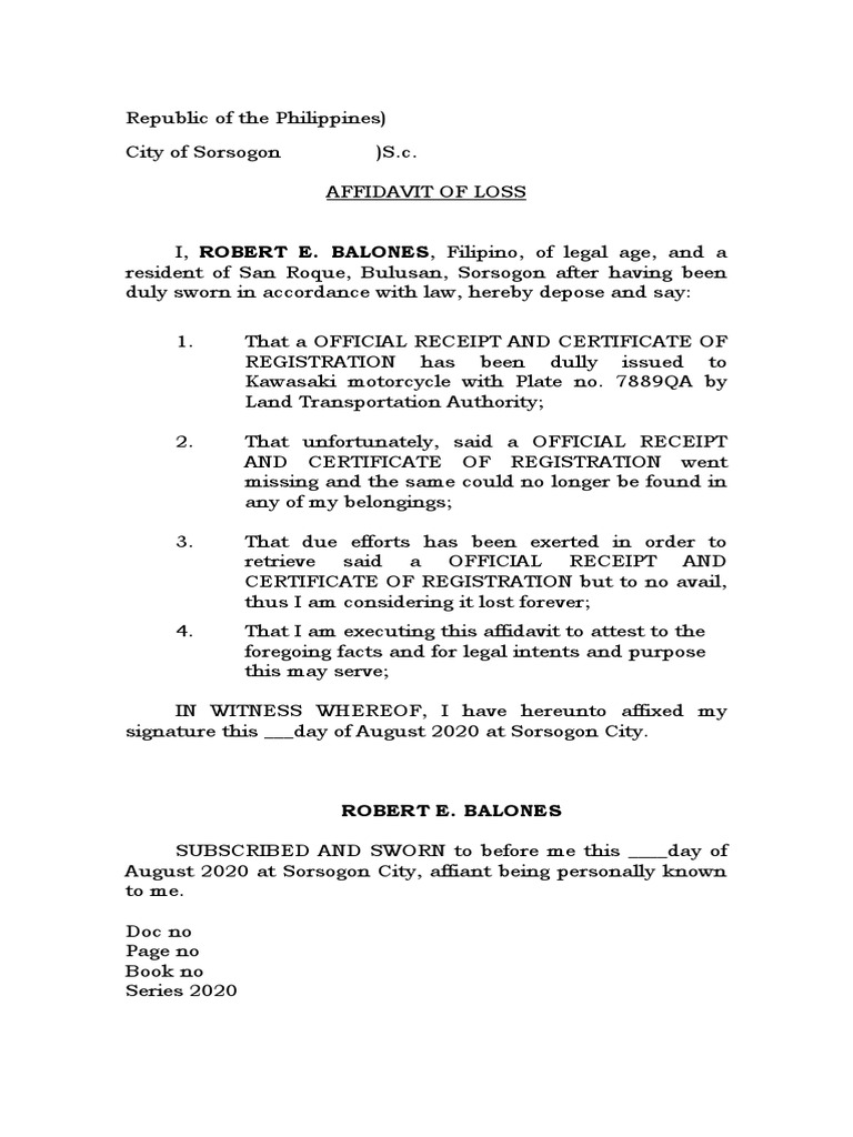 AFFIDAVIT OF LOSS - Passport ID | PDF | Affidavit | Civil Law (Common Law)