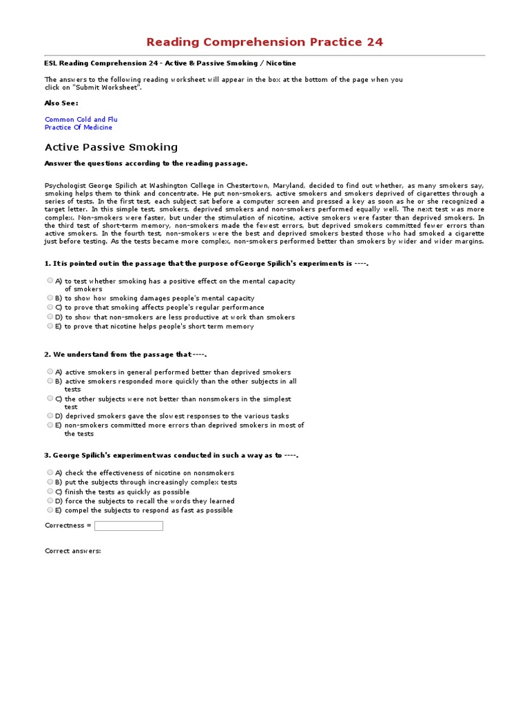 Free Reading Comprehension Worksheet - Active Passive Smoking | PDF ...