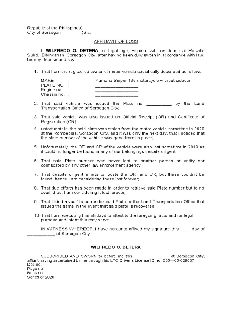 AFFIDAVIT OF LOSS - PLATE OR CR Lto Form | PDF | Law