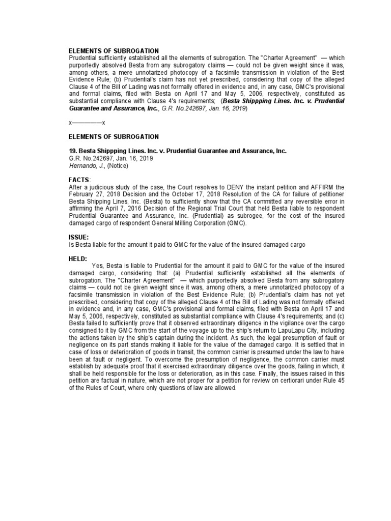 Besta Shippping Lines. Inc. v. Prudential Guarantee and Assurance, Inc ...