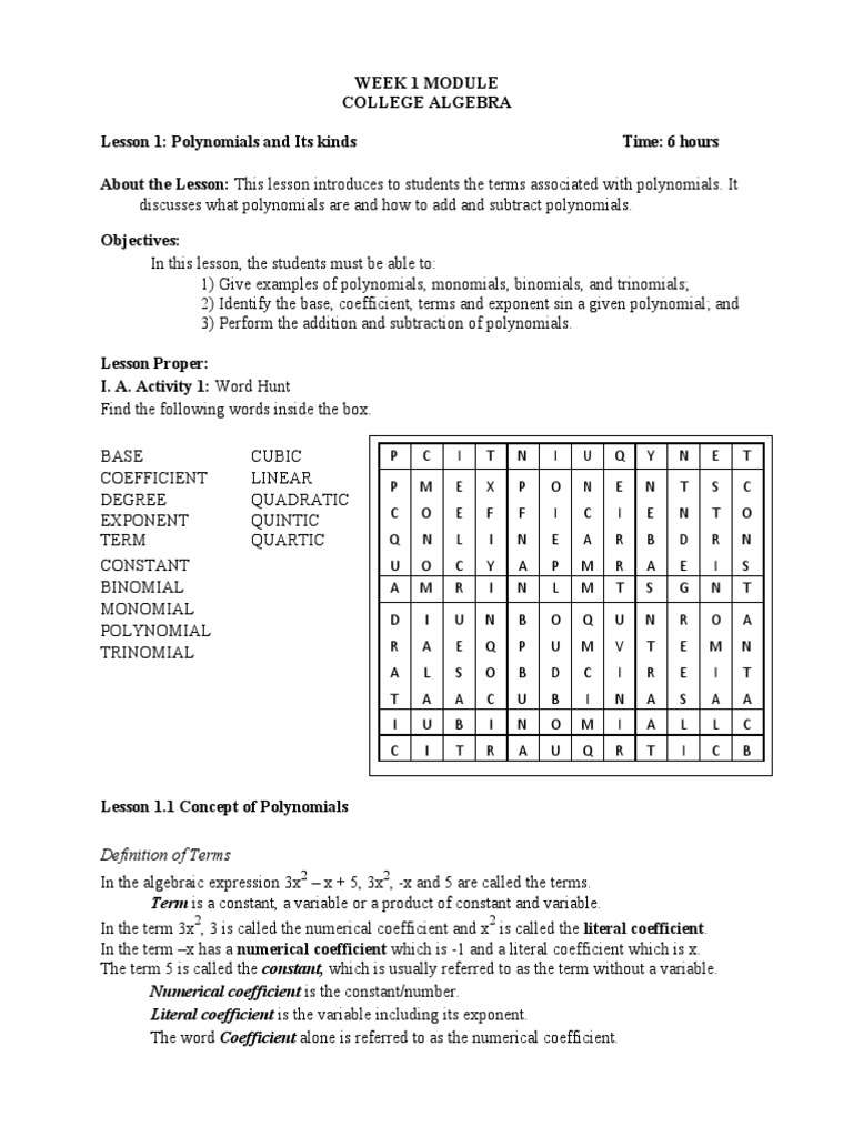 WEEK 1 Concept of Polynomial | PDF | Polynomial | Mathematics Of Computing