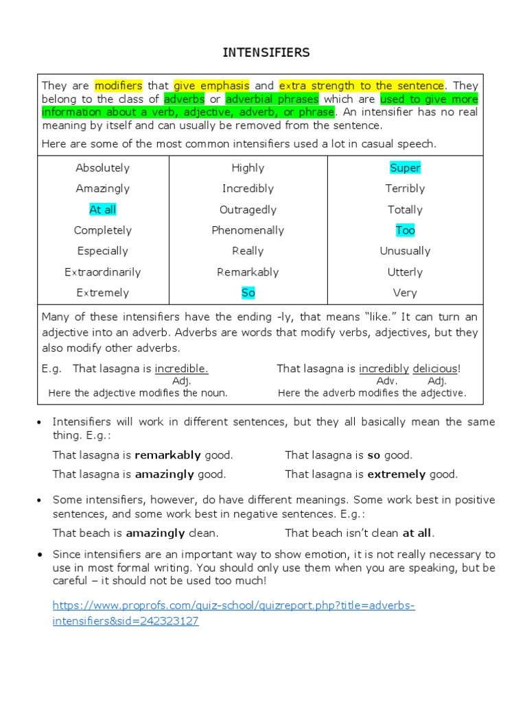 Intensifiers Notes | PDF | Adverb | Adjective