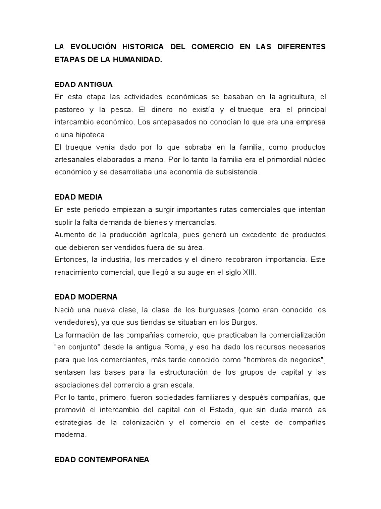 Evolución Historica Del Comercio en Las Diferentes Etapas de La ...