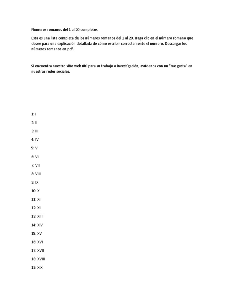 Números Romanos Del 1 Al 20 Completos | PDF