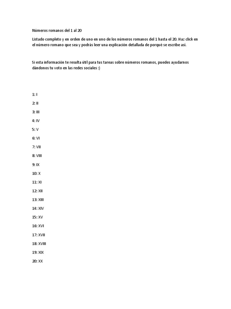 Números Romanos Del 1 Al 20 | PDF