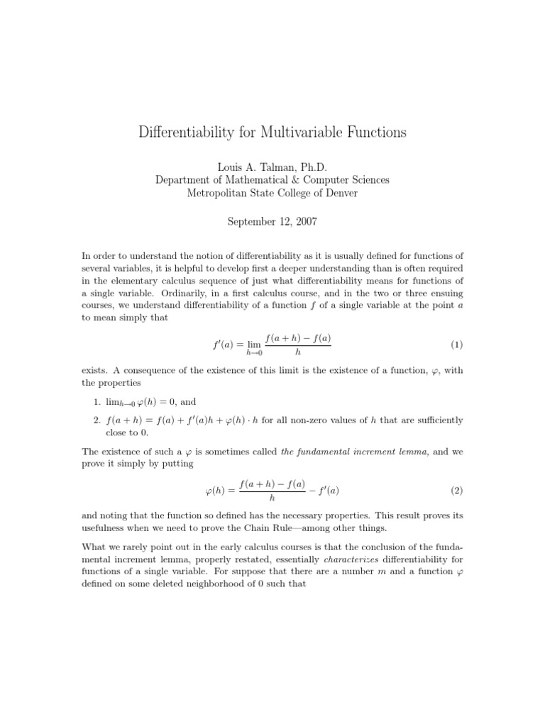 Understanding Differentiability For Multivariable Functions Through Linear Approximations Pdf
