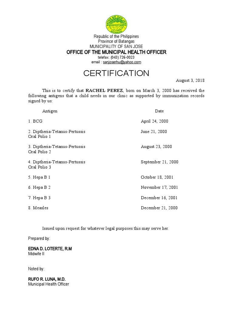 Certification: Office of The Municipal Health Officer | PDF | Animal ...